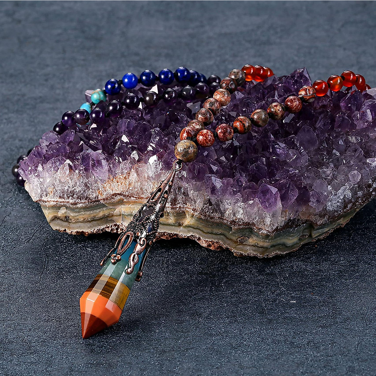 GEHECRST Natural 7 Chakra 108 Mala Prayer Beads Necklace with Reiki 12 Faceted Healing Crystal Pointed Pendant Multilayer 6mm Gemstones Beads Bracelet Mens Women Jewelry for Meditation, Protection