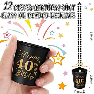 12 Pieces 30th 40th 50th 60th 70th Shot Glasses Necklace Birthday Plastic Shot Glass on Beaded Necklace Shot Cups for Birthday Party Anniversary Supplies, Gold and Black (40th)