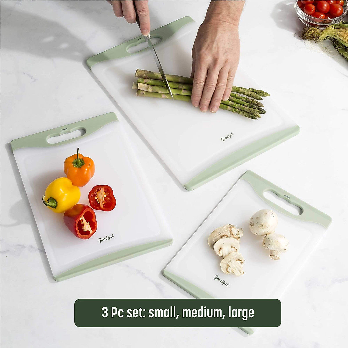 Goodful Cutting Board (3 Piece Set)- Non-Slip Edges, Easy Grip Handles, Made without BPA, Non-Porous, Dishwasher Safe, Multiple Sizes, Sage