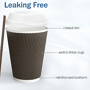 MRcup 12 oz Hot Beverage Coffee Cups with Lids and Straws, Insulated Triple Wall Leak/Heat free Disposable Anti-slip Togo Reusable Paper Cups, Brown [40 Packs]