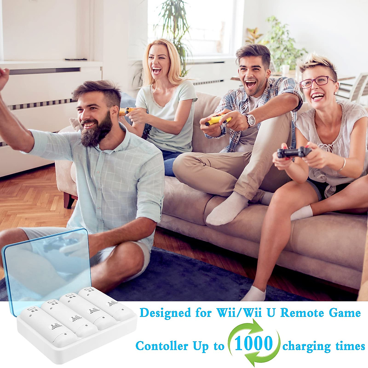 4-in-1 Charging Station for Wii & Wii U Remote Controller, 4 Pcs Rechargeable 2800 mAh Battery Packs with USB Cable Compatible for Wii/Wii U Remote Game Contoller (White)