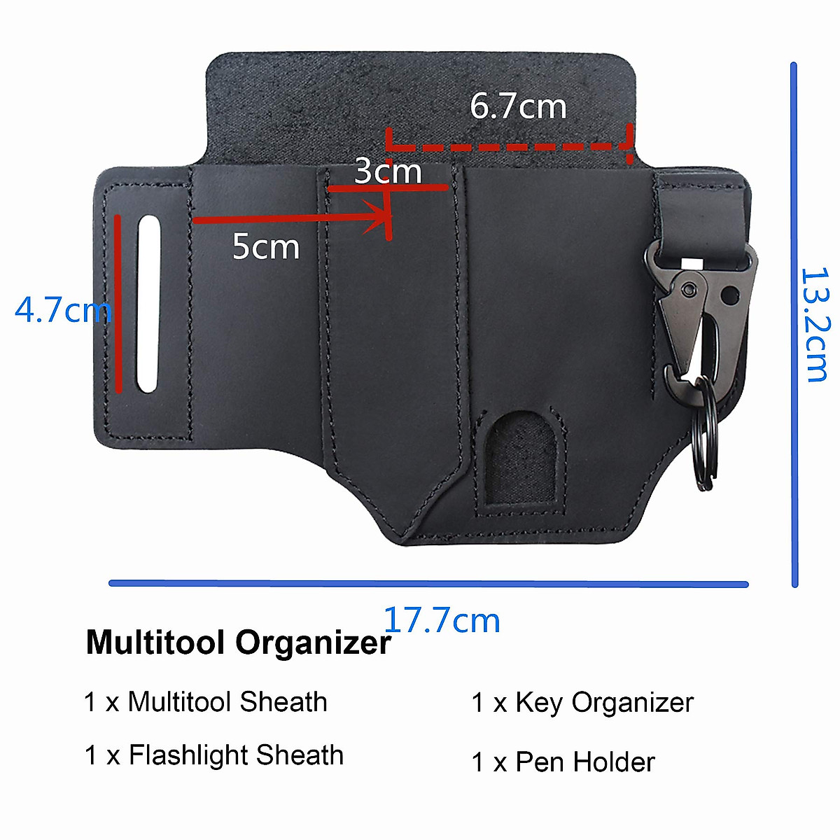 Pocket Organizer Pouch EDC Leather Sheath for Belt for 5 inch Knives Tactical Flashlights Key Fob Tools (Black)