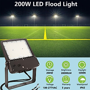 200W Dimmable Outdoor LED Flood Light with Dusk to Dawn Photocell, 5000K Daylight 28000LM 100-277V, UL/DLC IP65 Waterproof Big Power LED Stadium Lighting for Flagpole/Advertising Boards/Parking Lot