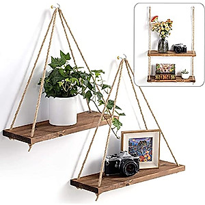 CORE ART Hanging Shelves for Wall Boho Window Plant Rope Shelves, Macrame Wall Hanging Shelf Wooden, Brown Rustic Set of 2