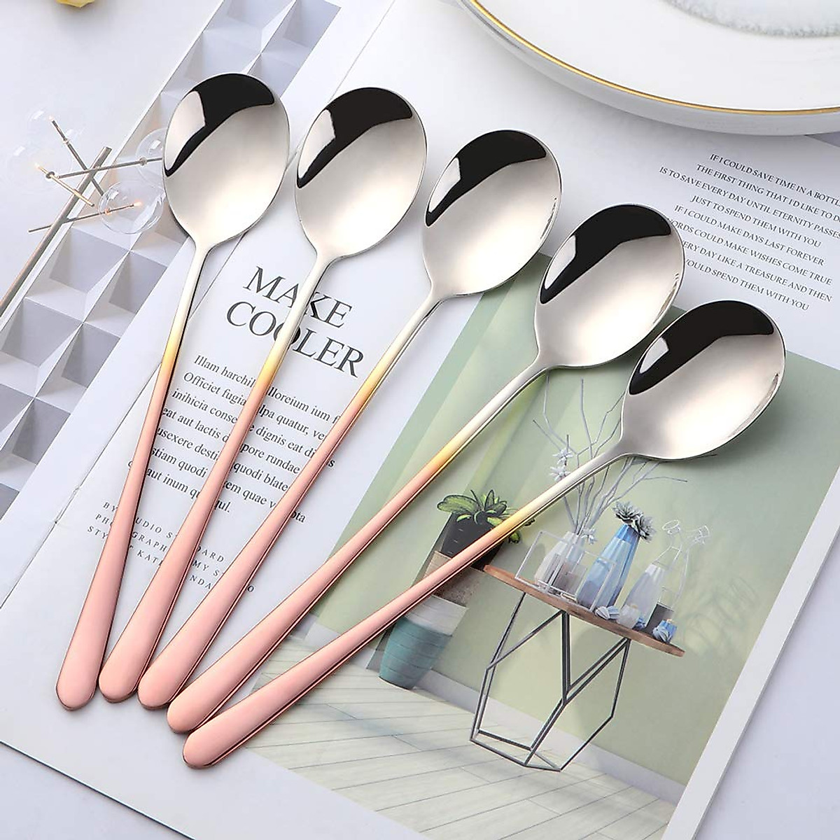 5-pieces Soup Dinner Spoon 8-Inch Rose Gold Metal Korean Spoon Stainless Steel Table Spoons by Buyer Star