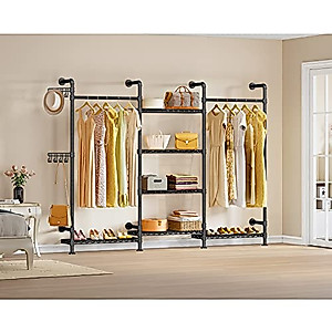 Timate F1 Pipe Clothes Rack Wall Mount Heavy Duty Closet Organizer System Hanging Closet Rack for Clothes, Closet Kit Walk in Closet Systems, Adjustable Storage Closet Shelves Wardrobe Closet, Black