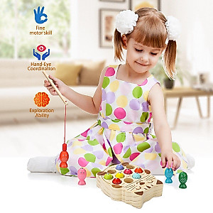 SGVV90 Wooden Magnetic Fishing Game, Toddler Fine Motor Skills Toys, Montessori Preschool Learning Fishing Toys Gift for Children Kids