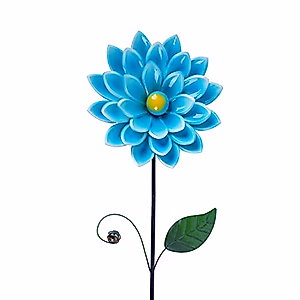 Large Metal Flowers Stake, Floral Garden Stake Outdoor Metal Garden Stake Indoor Metal Flower Decor for Yard Outdoor Lawn Pathway Patio Ornaments 37",Blue