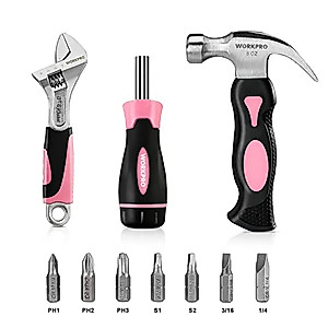 WORKPRO 10-piece Pink Tool Kit, Household Tools Set with Screwdriver Bits Holder Set, Adjustable Wrench and Stubby Claw Hammer-Pink Ribbon