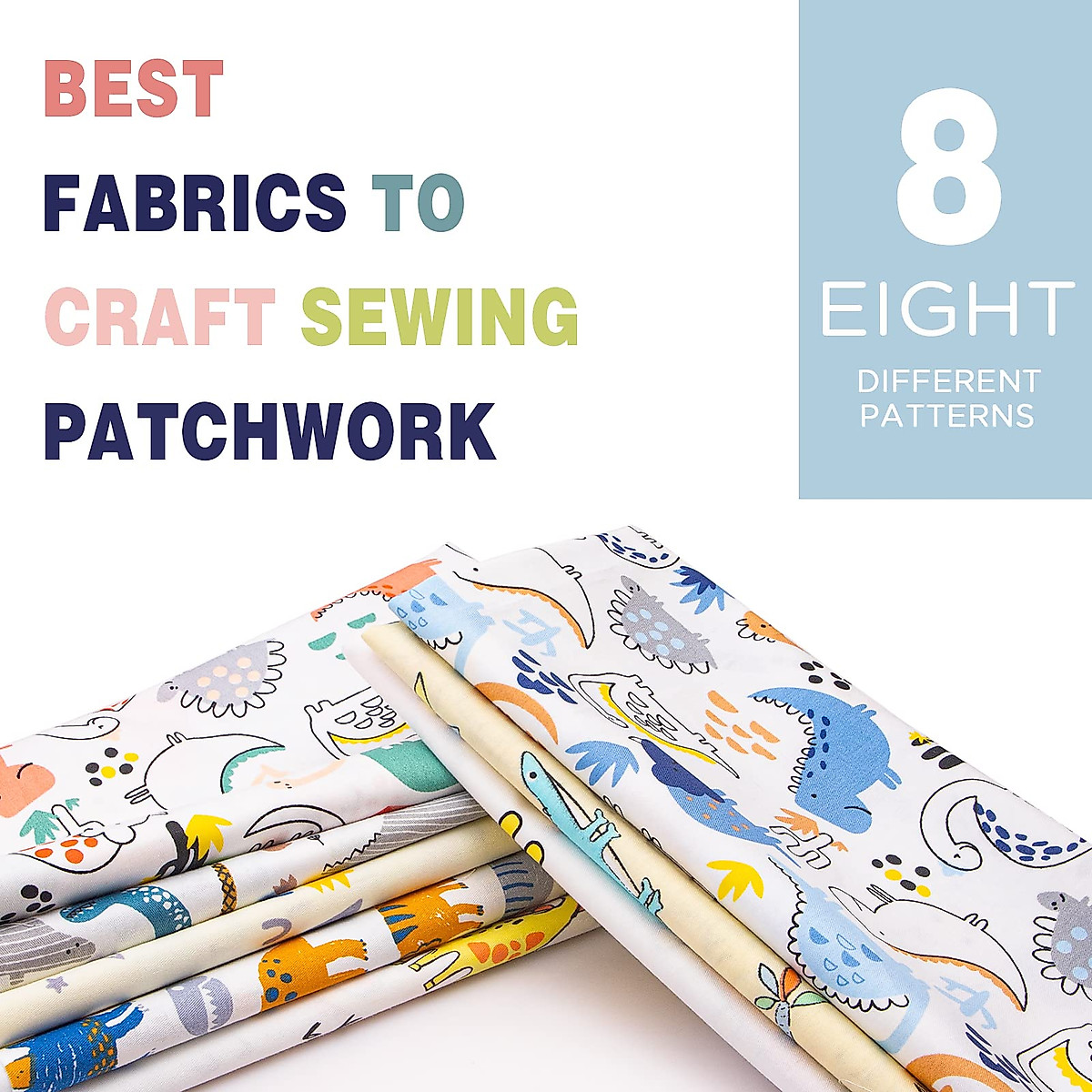 Aubliss 8pcs Fat Quarter Fabric Bundles 100% Cotton 19.6'' x 19.6''(50cm x 50cm) Quilting Cotton Craft Fabric Pre-Cut Squares Sheets for Patchwork Sewing Quilting Crafting(Dinosaur)