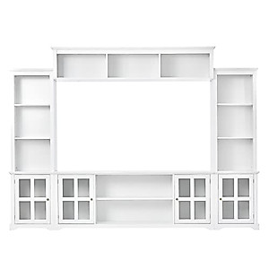 Merax Minimalism Style Entertainment Wall Unit with Bridge, Multifunctional TV Stand with Tempered Glass Door Modern Console Table for Televisions Up to 70”, 104.3 inch Length, White