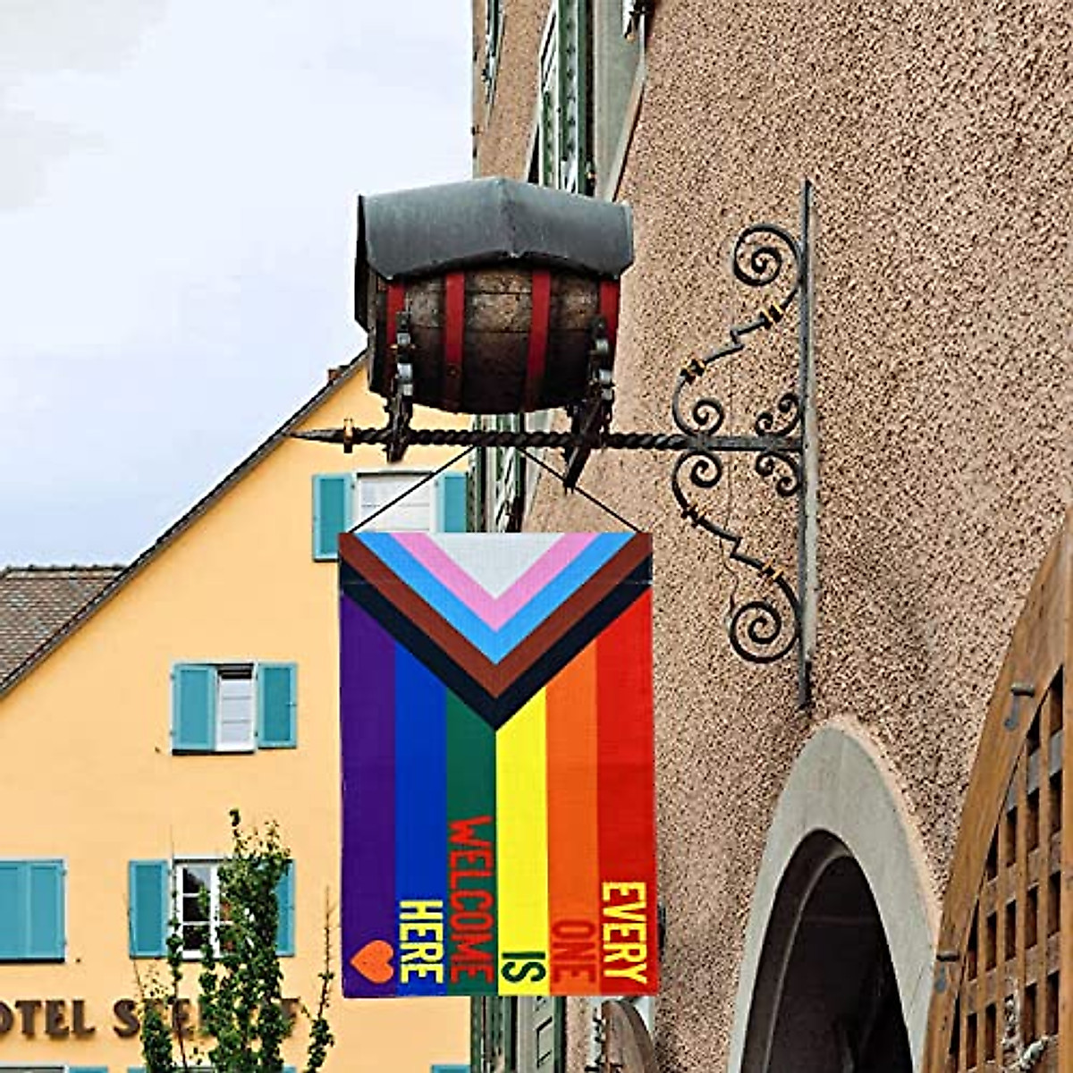 FLAGWIN Progress Pride Flags EVERYONE IS WELCOME HERE 12x18 LGBTQ Garden Rainbow Pride Flag with Vivid Color and Durable Nylon, Inclusive Gay Outdoor Flag for Yard Lawn Wall or Room(Stand not included)