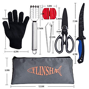 ylinsha Fishing Knife,Fish Cleaning Kit 7 PC set Fish Knife, Fish Scale Cleaning Brush, multi-functional Scissors, anti-cutting Gloves, Fishbone Tweezers, storage Bag