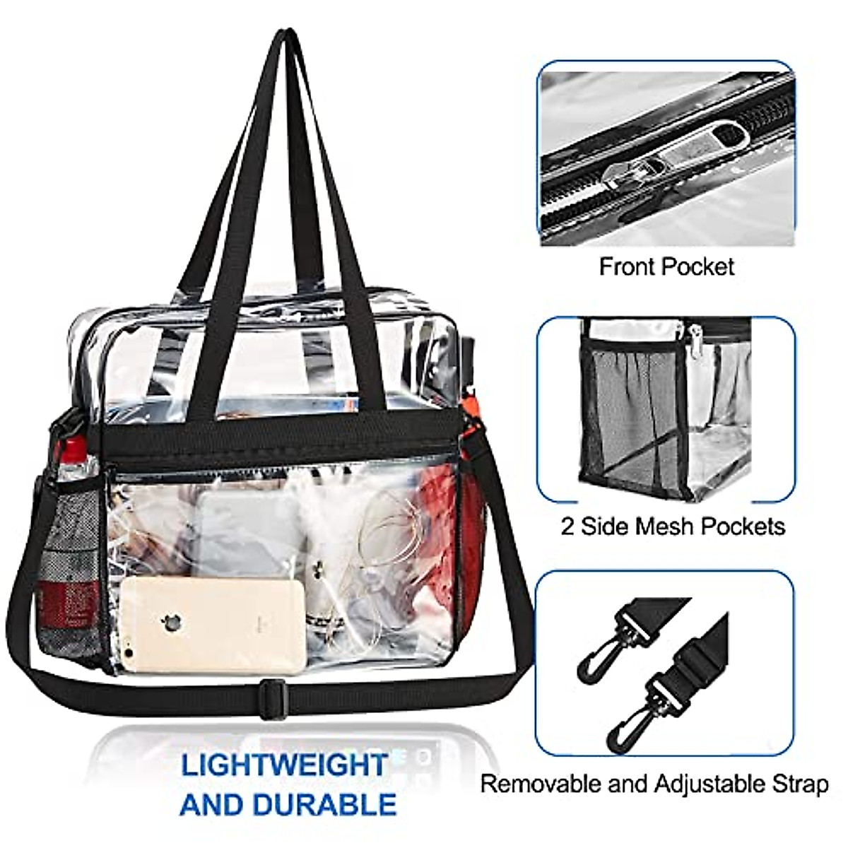 USPECLARE Clear Bag, Clear Tote Bag Stadium Approved, Stadium Security Travel & Gym Clear Bag for Work, Sports Games, Concerts and Women Men 12 x 12 x 6 inch (Black)