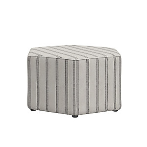 MARTHA STEWART Ellen Coffee Table - Solid Wood Frame, Soft Fabric, Large Accent Ottoman - Modern Foam Padded Top Footstool Cocktail Living Room Furniture Natural, 32" W x 32" D x 18" H, Grey Stripes