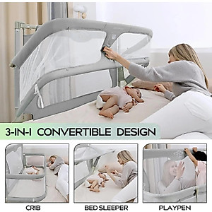 PANBAYI Bedside Crib - 3 in 1 Baby Bassinet, Portable Crib and Bed Rail for Co-Sleeping Babies. Bed Side Lifting Fence with Adjustable Height，Easy to Assemble,Bed Rail for Toddlers