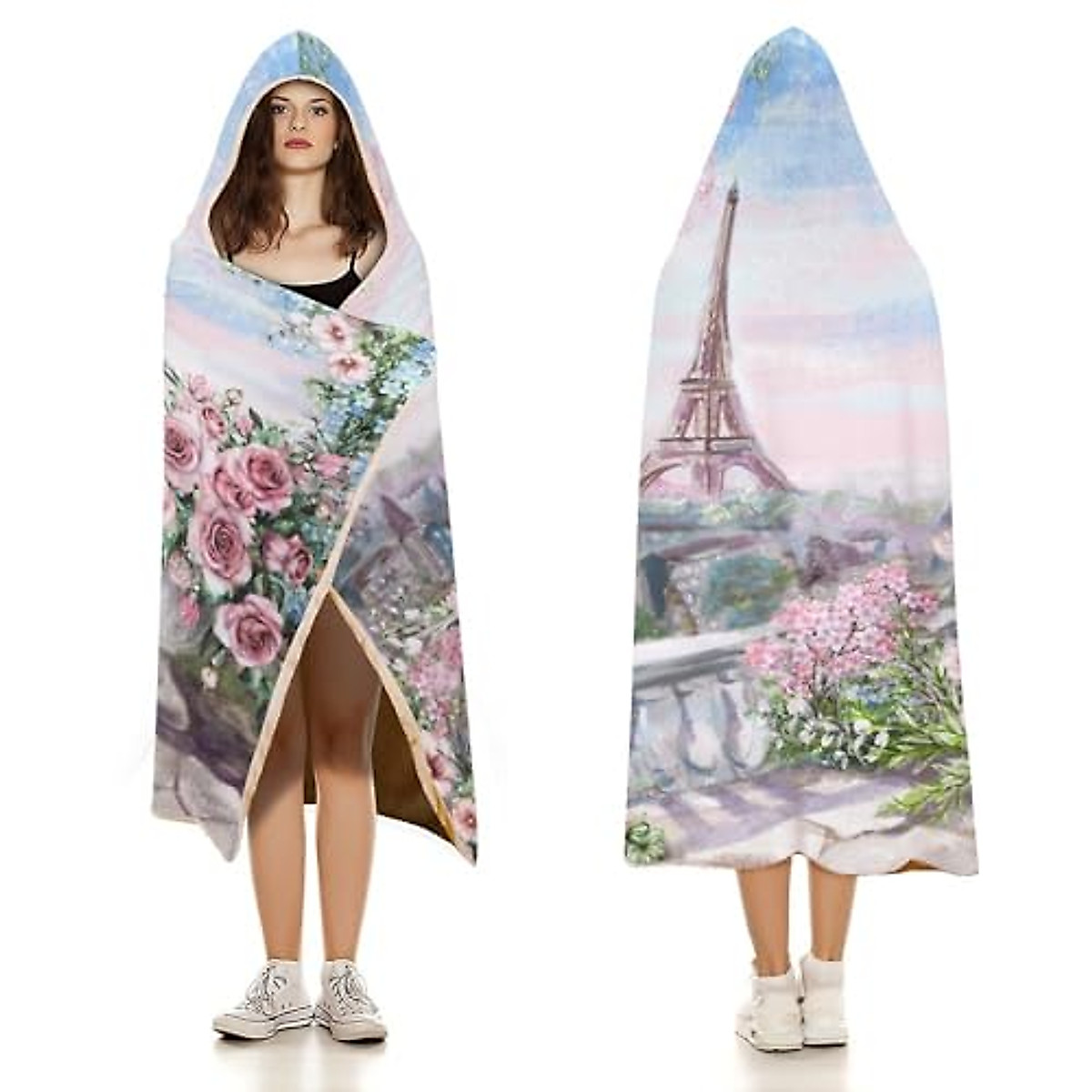 TaoYTao 40"x50" Women Summer Paris Oil Painting Blanket Hoodie, Foldable Wearable Funny Hooded Blanket Robe Cloak, Christmas Birthday Gifts Anniversary For Wife Girlfriend Women