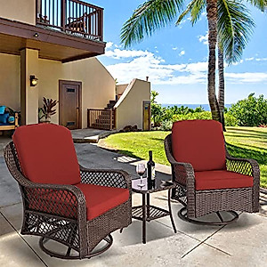 MAGIC UNION Rattan Rockers Outdoor Furniture 3 Piece, Rocking Chairs Wicker Patio Bistro Set with Side Table, Outdoor 360°Swivel Rocker Chairs with Padded Cushions (Dark Red)