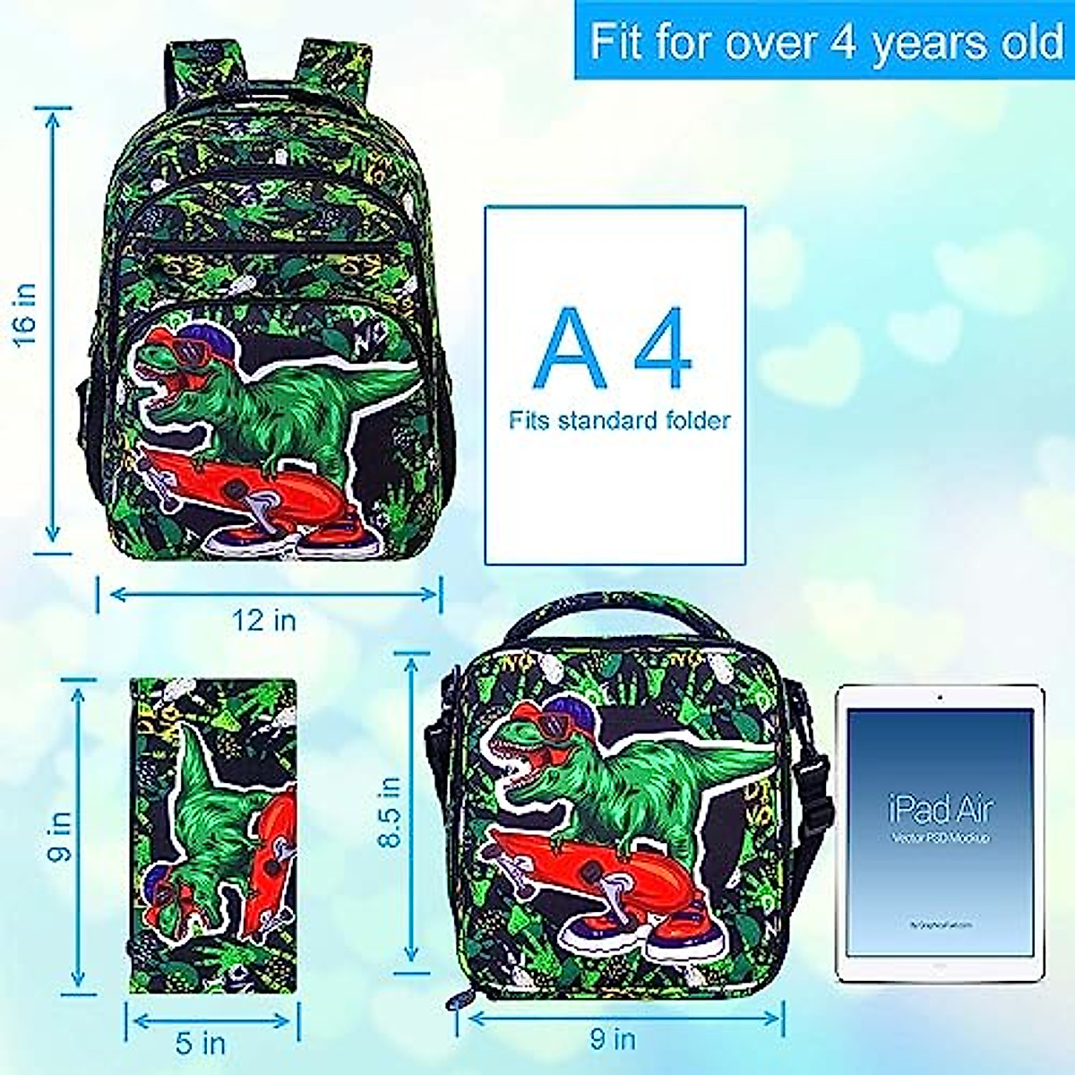 TXHVO 3PCS Dinosaur Backpack for Boys, Kids School Bookbag with Lunch Box, 17 Inch Teen Boy Laptop Backpacks
