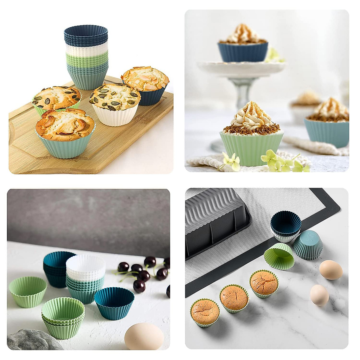 24 Pack Silicone Baking Cups Set, Reusable Nonstick Kitchen Cupcake Liners NonToxic BPA Free for Pudding Tart Bread Mousse Jelly for Holiday Party Thanksgiving Christmas (2.56" x 1.57" x 1.18")