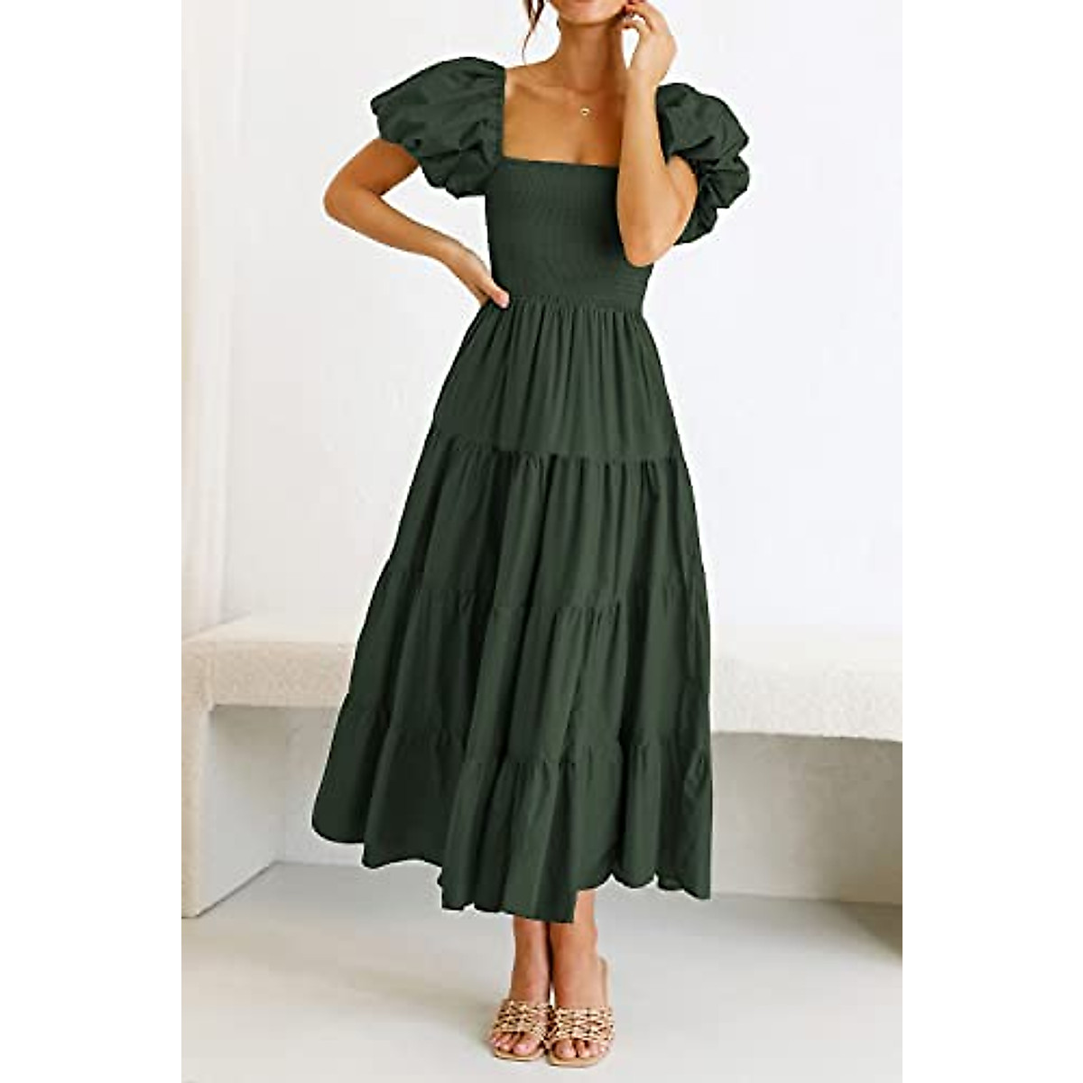 PRETTYGARDEN Women's Casual Summer Midi Dress Puffy Short Sleeve Square Neck Smocked Tiered Ruffle Dresses (Army Green,Medium)