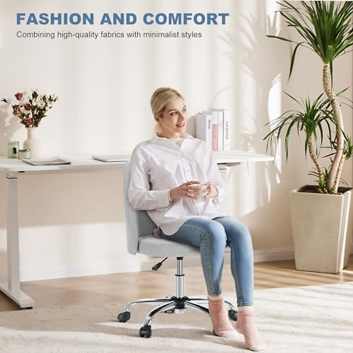 DUMOS Fashion Small Wheels Cute Vanity Swivel Back Mid Century Modern Armless Home Desk Task Chair for Bedrooms, Office, Dressing Room, Study, Grey