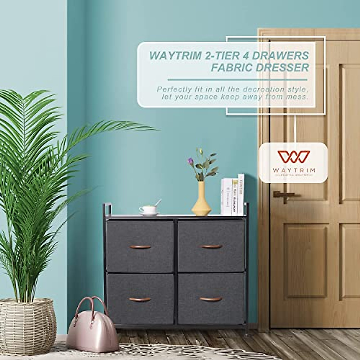 WAYTRIM Dresser for Bedroom with 4 Drawers, Wide Storage Drawer Organizer, Wide Chest of Drawers for Bedroom, Hallway, Entryway, TV Stand with Steel Frame&Wood Tabletop - Dark Indigo