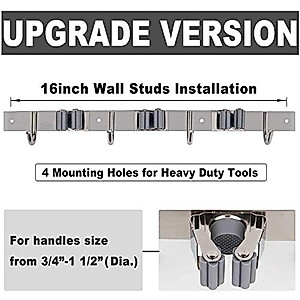 1 Pack Broom Mop Holder Wall Mount Garage Organization Wall Organizer Storage Broom Closet Kitchen Organization Heavy Duty Garage Tools Hanger with 3 Racks 4 Hooks for Home Kitchen Laundry Room (Grey)