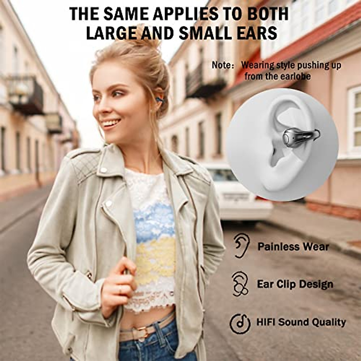 Mudtun Wireless Ear Clip Bone Conduction Headphones Open Ear Earbuds Bluetooth for Windows Android iPhone, Clip On Sport Earbuds Waterproof Outer Headphones for Running Cycling Workout Black
