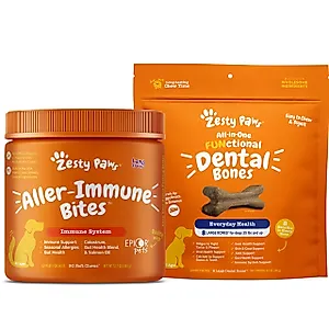 Zesty Paws Allergy Immune Supplement for Dogs - with Omega 3 Salmon Fish Oil + Dental Bones for Large Dogs - Fights Tartar & Plaque