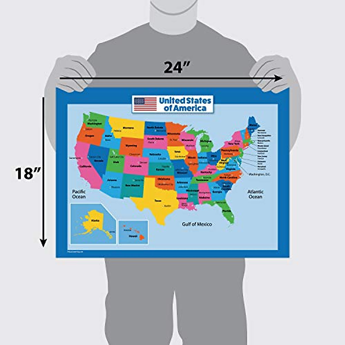 3 Pack - USA & World Map for Kids + Learning to Tell Time Poster Set (LAMINATED, 18" x 24")