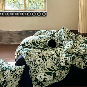 MKXI Green Floral Duvet Cover White Flowers Patterned Tropical Bedding Set Queen Size Print Duvet Cover Set for Girls Generous Plant Duvet Cover 100% Cotton Bedding