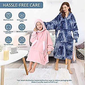 Drewin Wearable Blanket Sweatshirt for Women Men, Oversize Sherpa Fleece Blanket Hoodie with Huge Pocket & Elastic Sleeves, Fuzzy Warm Flannel Hooded Blanket for Adult Winter Gift, Blue&White