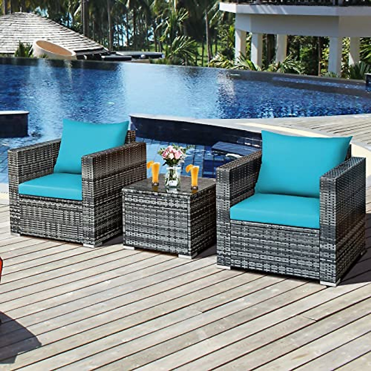 SMLJLQ 3 PC Patio Rattan Furniture Bistro Set Cushioned Sofa Chair Turquoise Single Sofa Coffee Table