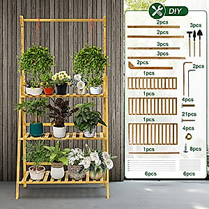 Bamboo Plant Stand with Grow Lights Multiple Flower Ladder Planter Pot Holder Hanging Plant Shelf Rack Display Organizer for Indoor Outdoor Patio Garden Corner Balcony Living Room Tall 3Tier 12 Potted