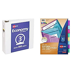 Avery 3" Economy View 3 Ring Binder, Round Ring, Holds 8.5" x 11" Paper, 1 White Binder (5741) & Plastic 8-Tab Two-Tone Binder Dividers with Two Pockets, Insertable Bright Color Big Tabs, 1 Set