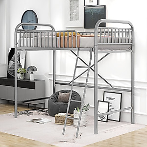 GINGVAT Twin Size Metal Loft Bed with Ladders/Full-Length Guardrails, Modern Style Study/Play Area, No Box Spring Needed, Silver