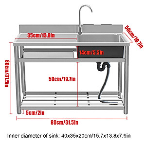 Commercial Restaurant Sink Utility Sink Stainless Steel Free-standing Kitchen Sink Set Single Bowl w/ Faucet & Drainboard for Laundry Garage Camping 80x50x80cm/31.5x19.7x31.5in Right