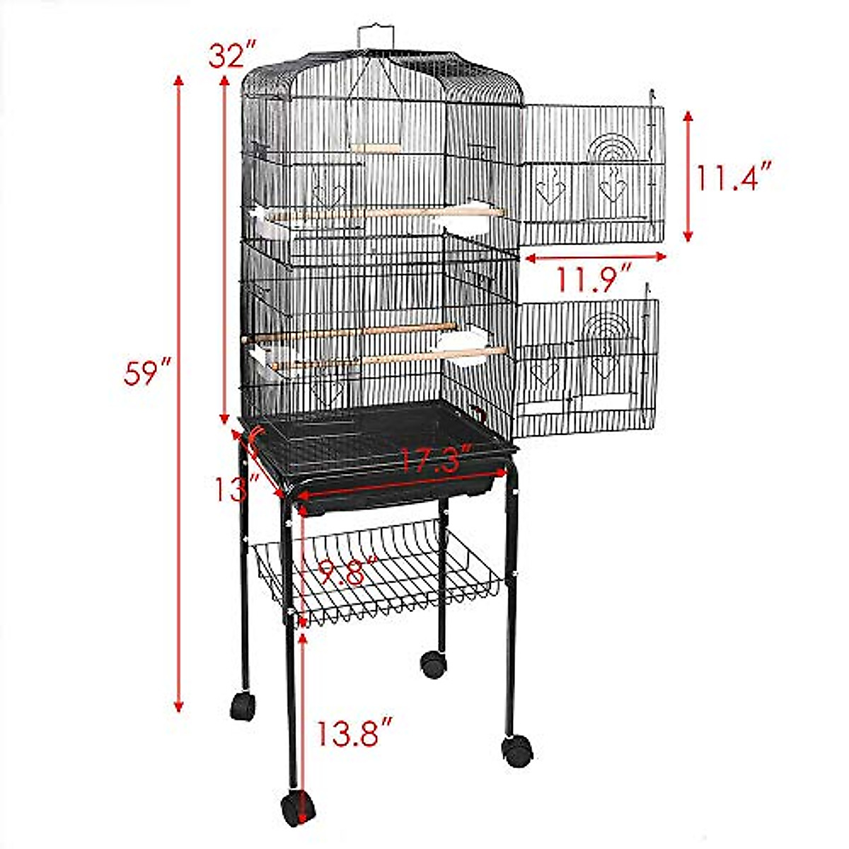 59'' Rolling Bird Cage Parakeet Finch Budgie Conure Lovebird House with Stand