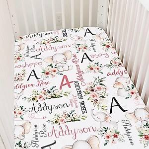 Personalized Crib Bedding Sheets with Pink Gray Elephant , Floral Elephant Monogram Girl Name Fitted Sheet, Custom Portable Crib Mattress Topper for Baby Girls, Mini Crib Sheet | Name Crib Sheets