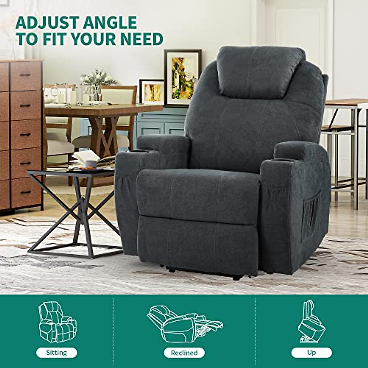 YITAHOME Power Lift Recliner Chair for Elderly, Electric Lift Chair with Heat and Massage, Fabirc Recliner Sofa with 2 Cup Holders, Side Pockets & Remote Control for Living Room,Grey