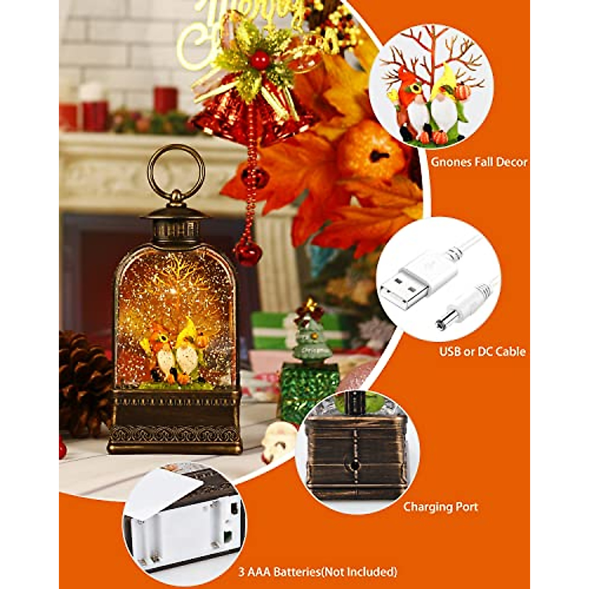 Gnomes Snow Globe, Fall Decoration, Thanksgiving Snow Globe Lantern, Christmas Snow Globe Musical Sparkly Swirling Snow, 3 Settings Batteries or USB Cable, Holiday Decoration (9.9Inch)