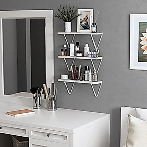 Wallniture Colmar Washed White Floating Shelves for Wall, Wood Wall Shelves for Living Room, Geometric Triangle Shelf with White Brackets Set of 3