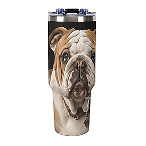 LLUTSNTH 40 Oz Vacuum Tumbler with Light Rose Red Handle Leakproof Insulated Tumbler English-Bulldog Stainless Steel Travel Mug with Lid And Straw Coffee Cup Cute Water Bottles Cup Holder Friendly