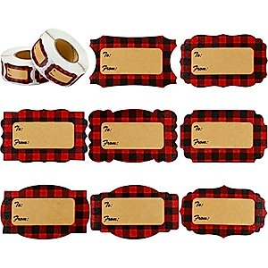 1000 Pieces Red Buffalo Plaid Natural Kraft Christmas Tag Labels 8 Styles Self Adhesive Decorative Christmas Label Stickers for Thanksgiving Holiday Wedding Party Arts, 2 x 1.2 Inches