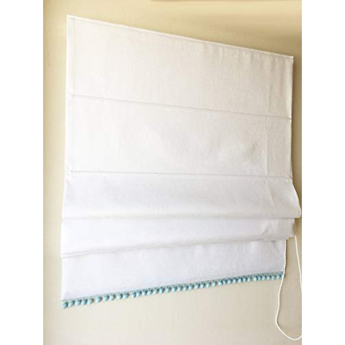 LOGANOVA Flat Faux Linen Roman Shade. White With Baby Blue Pom Pom Trim and Chain Mechanism - Custom Shade