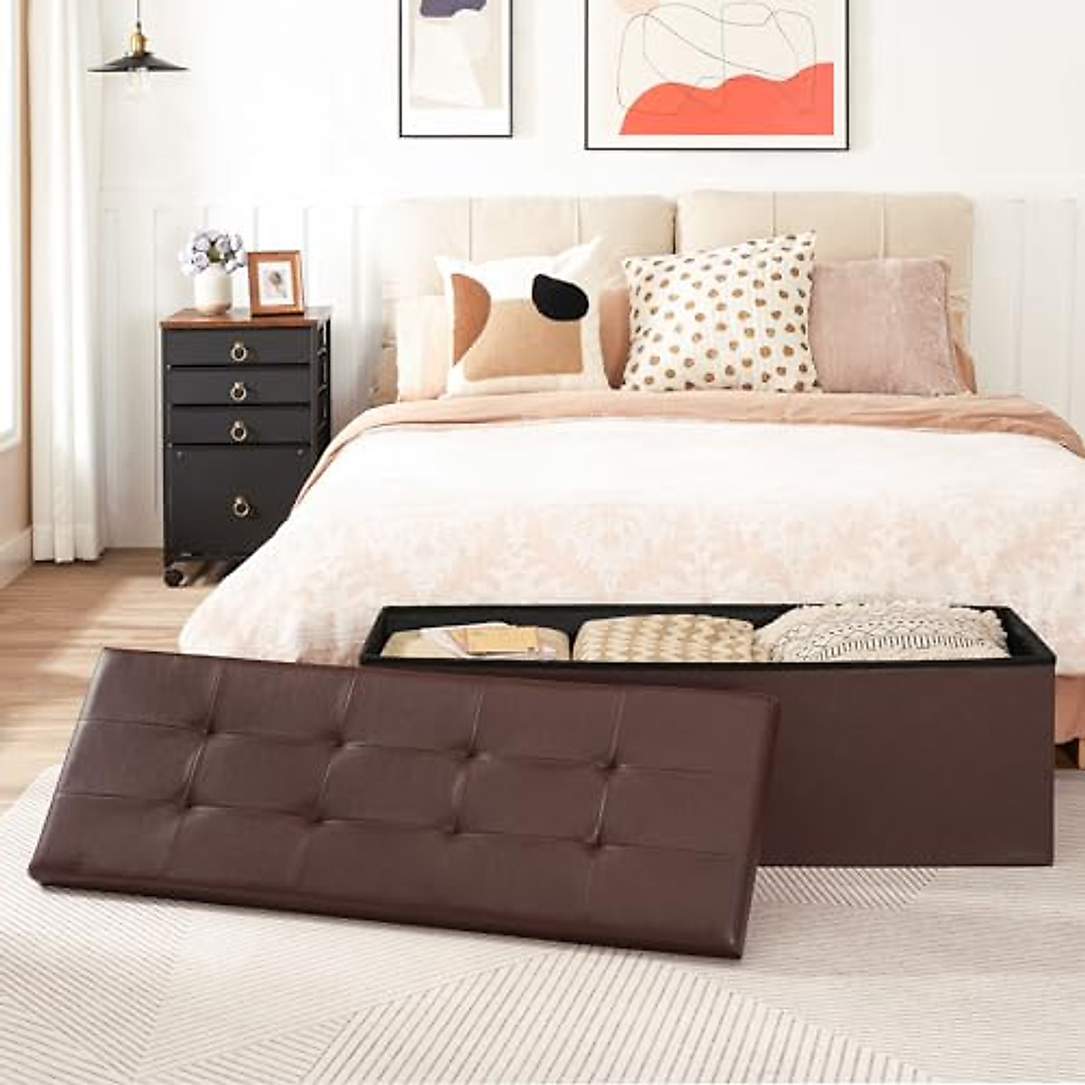 HOOBRO 43.3 Inchs Folding Storage Ottoman Bench, Storage Chest, Footrest, Coffee Table, Padded Seat, Upholstered Top, Holds up to 660 lb, for Living Room, Bedroom, Entryway, Brown BR110CW01