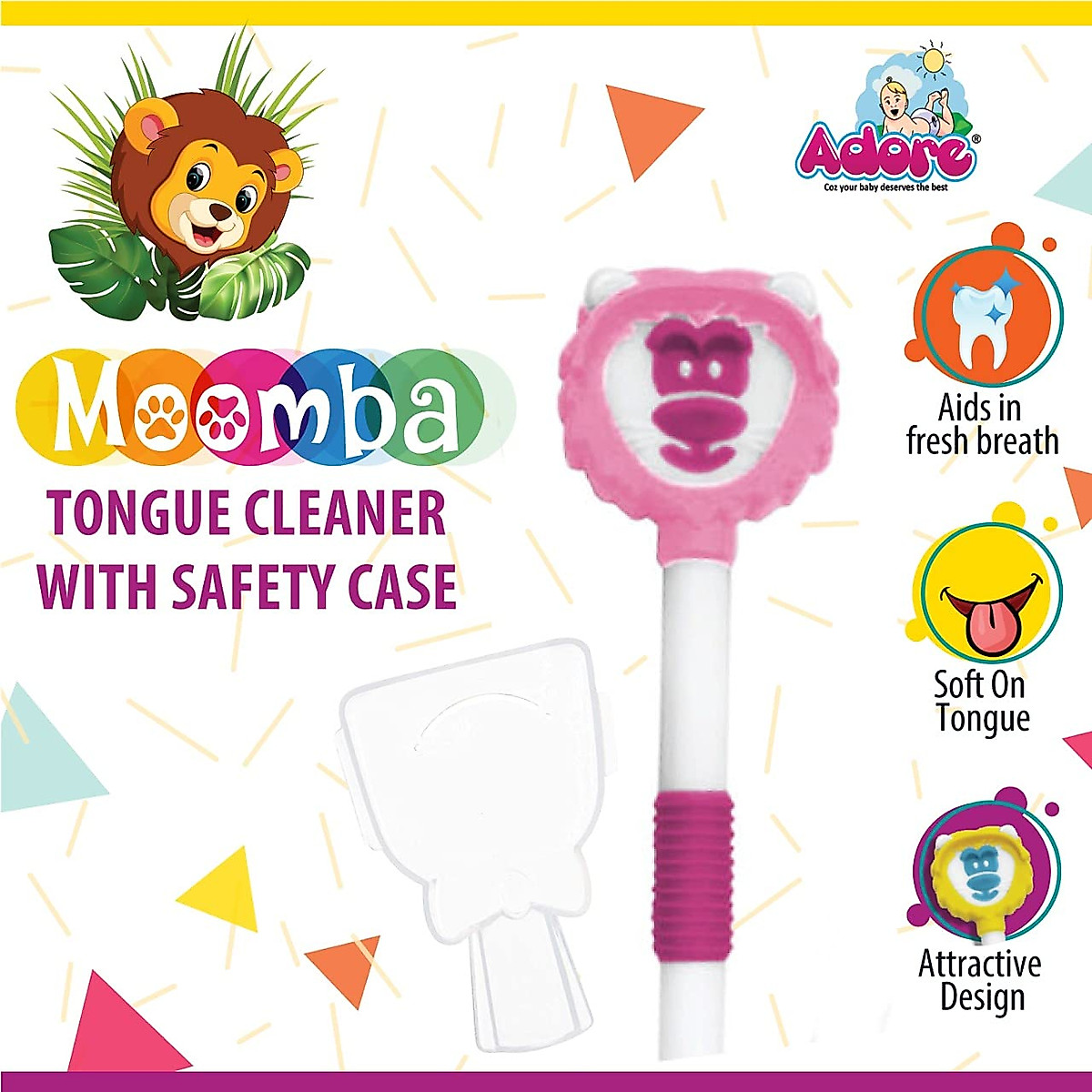 Adore Moomba Tongue cleaner with Safty case Best for child oral care, Multicolour (Pack of 5)