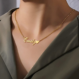 Jecivila Personalized Name Necklace with Heart 18K Gold Plated Nameplate Necklace Custom Name Customized Jewelry Gift for Women