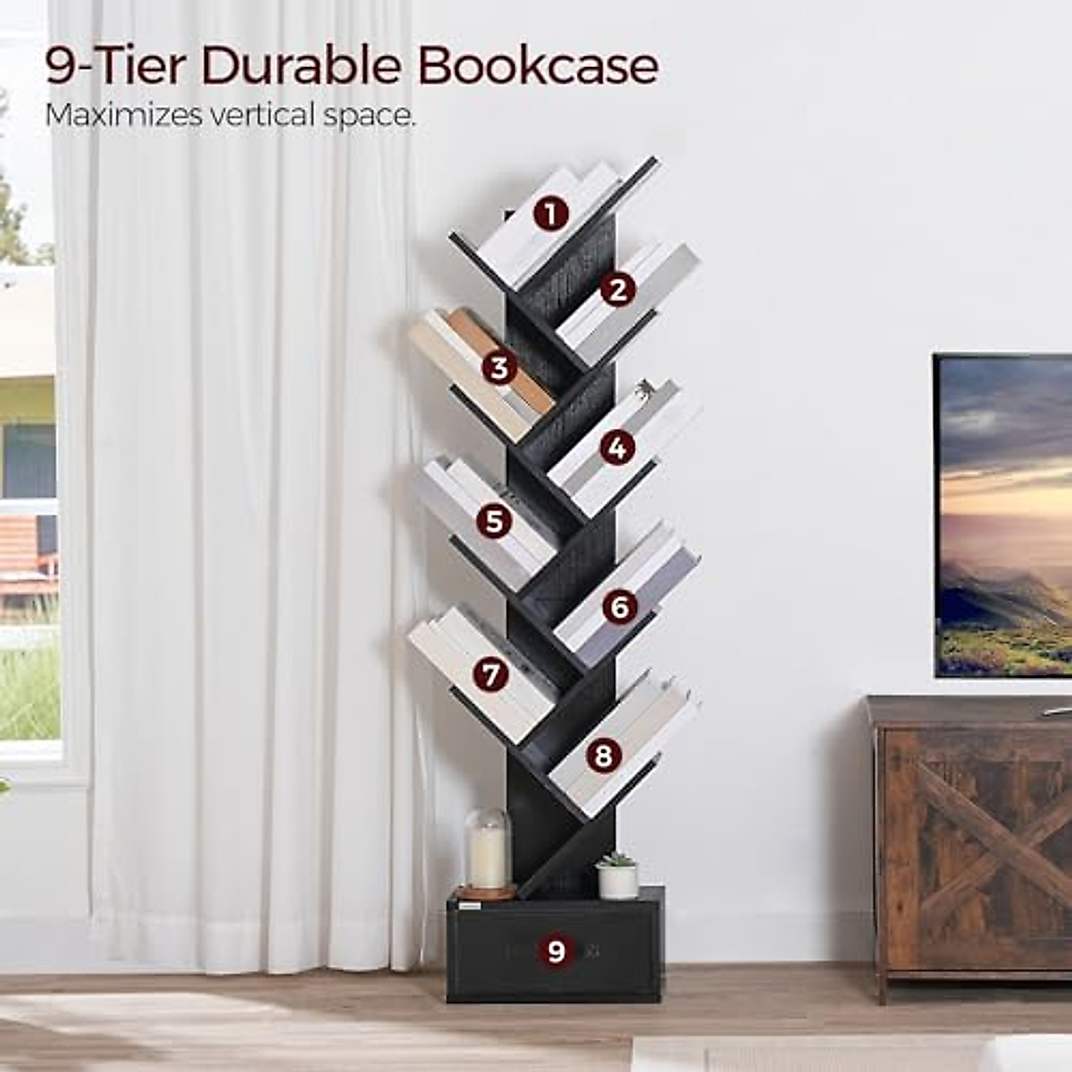 MAHANCRIS Tree Bookshelf, 9-Tier Bookshelf with Drawer, Wooden Book Storage Rack, Floor Standing Bookcase, Utility Organizer Shelves for CDs/Books/Movies, for Living Room, Home Office, Black BKB7101
